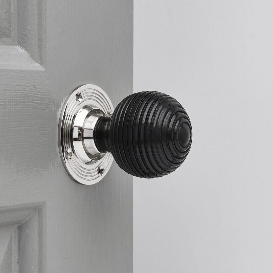 Ebony Wood Beehive Door Knobs (Pair) - Chrome Collar & Rose
